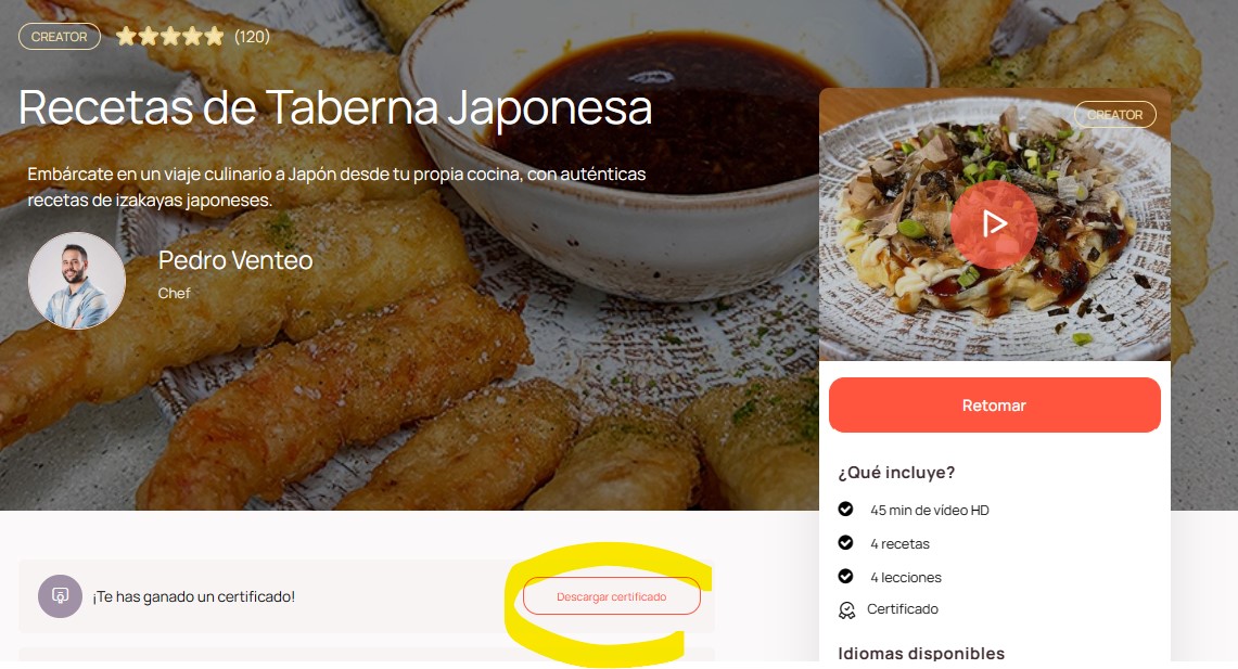 Certificado del curso - Scoolinary